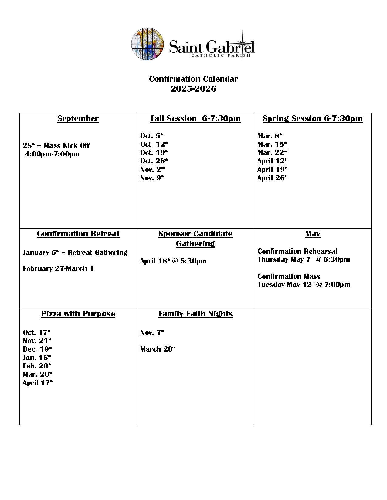 Youth Ministry Calendar