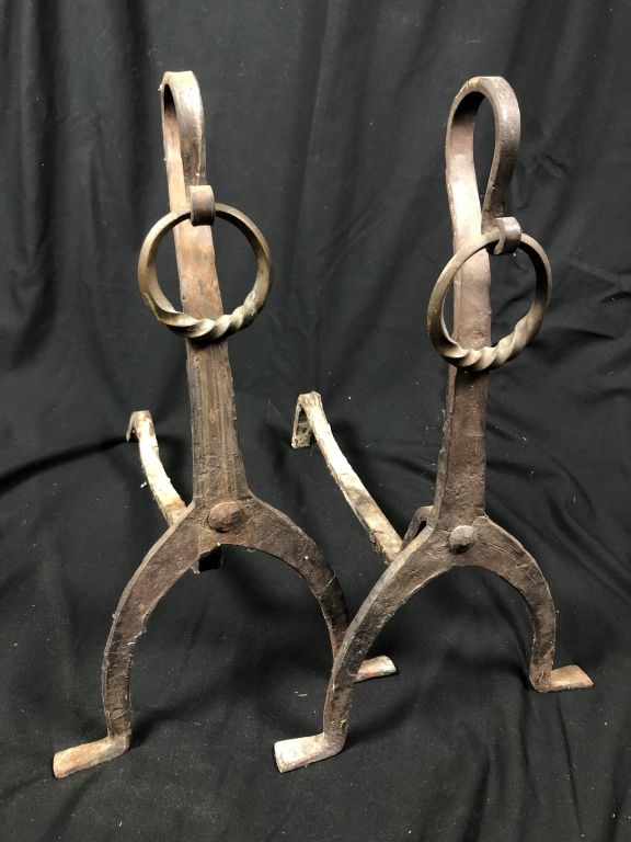 Pair of Hand Forged Wrought Iron Antique Andirons