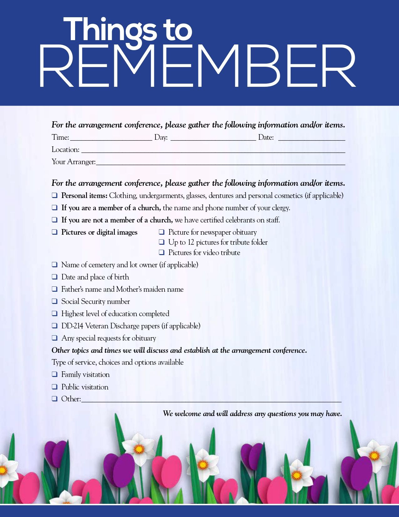 Things To Remember - Dale Ranck Cremation & Funeral Care