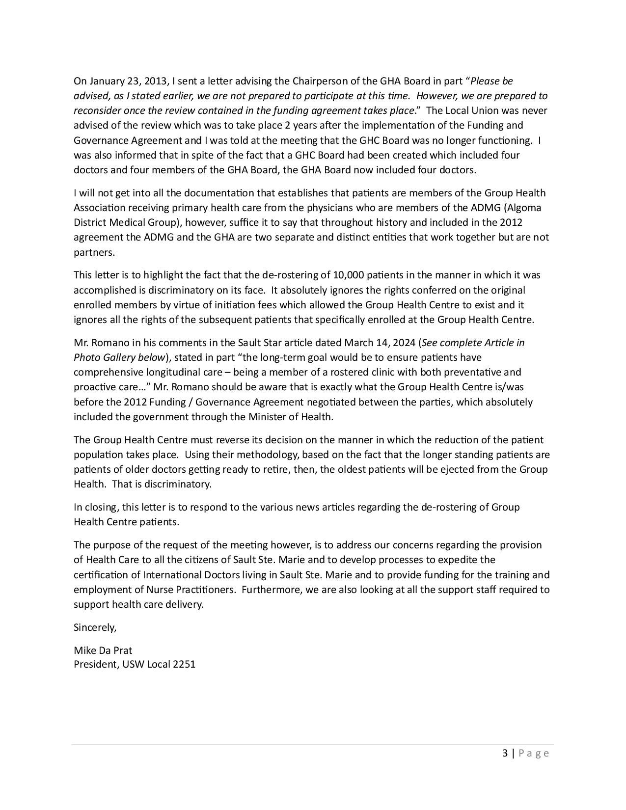 Response letter to March 14, 2024 Sault Star Article
