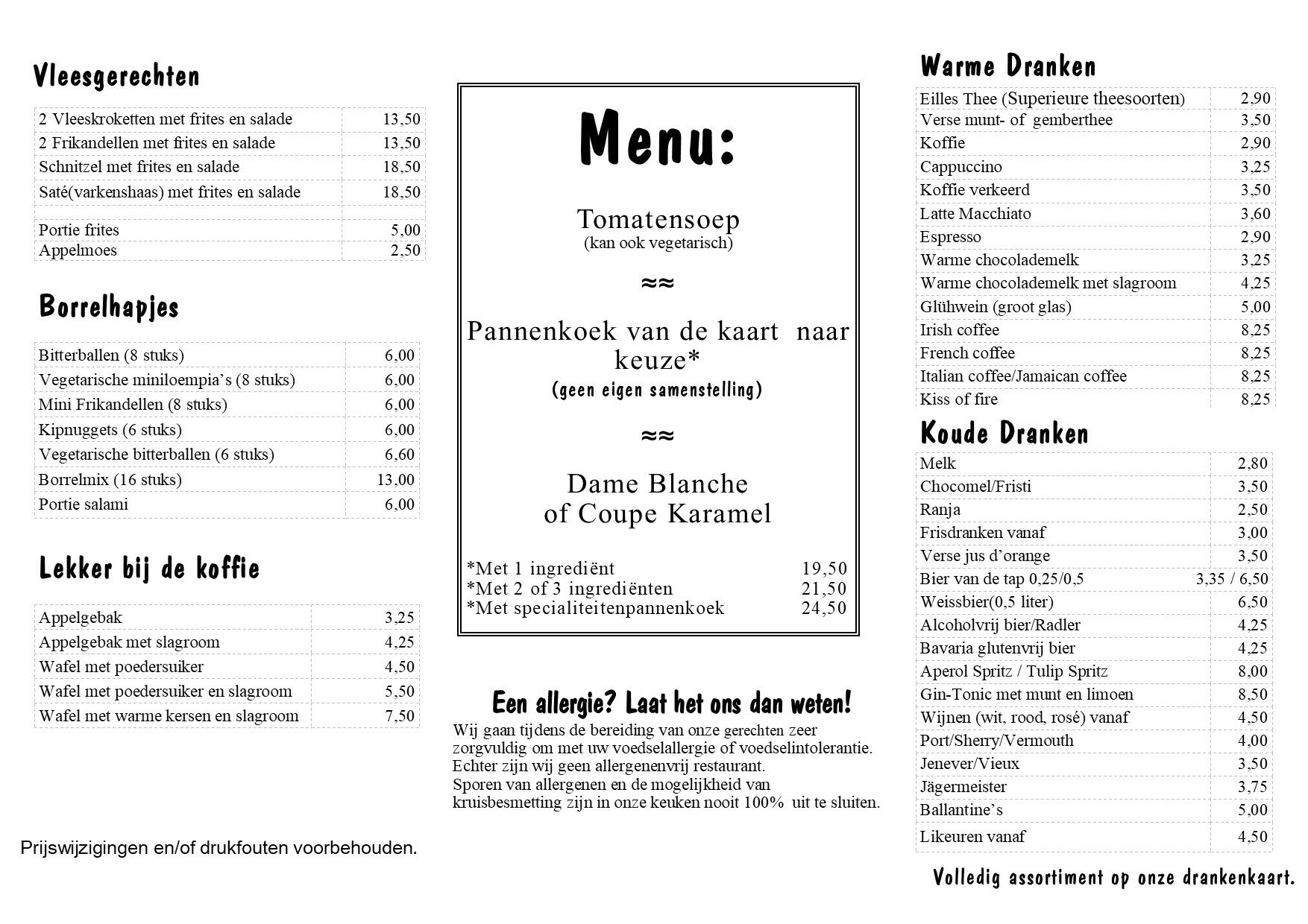 Menukaart Hans en Grietje Pannenkoeken in Noorwijk