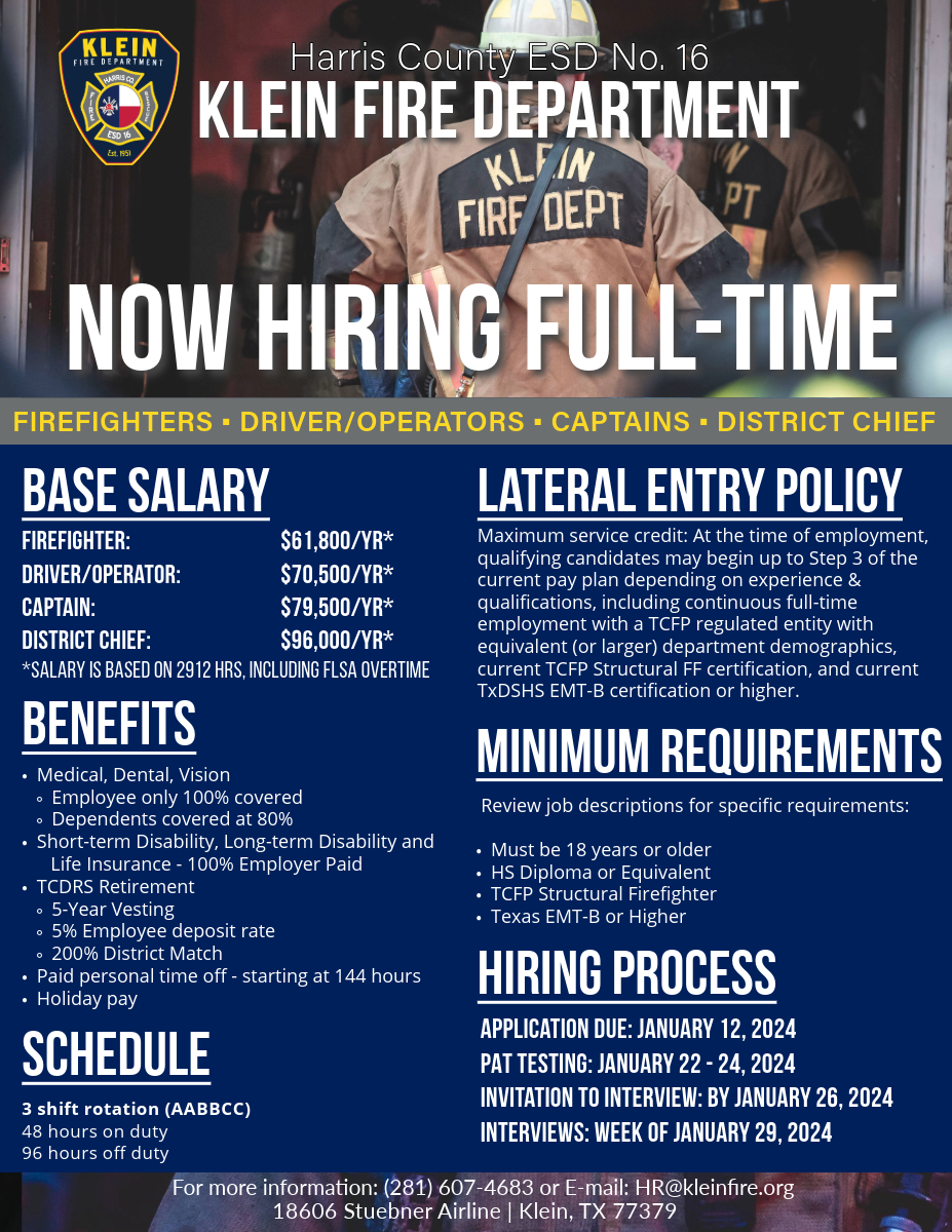 Klein Fire Dept. Now Hiring