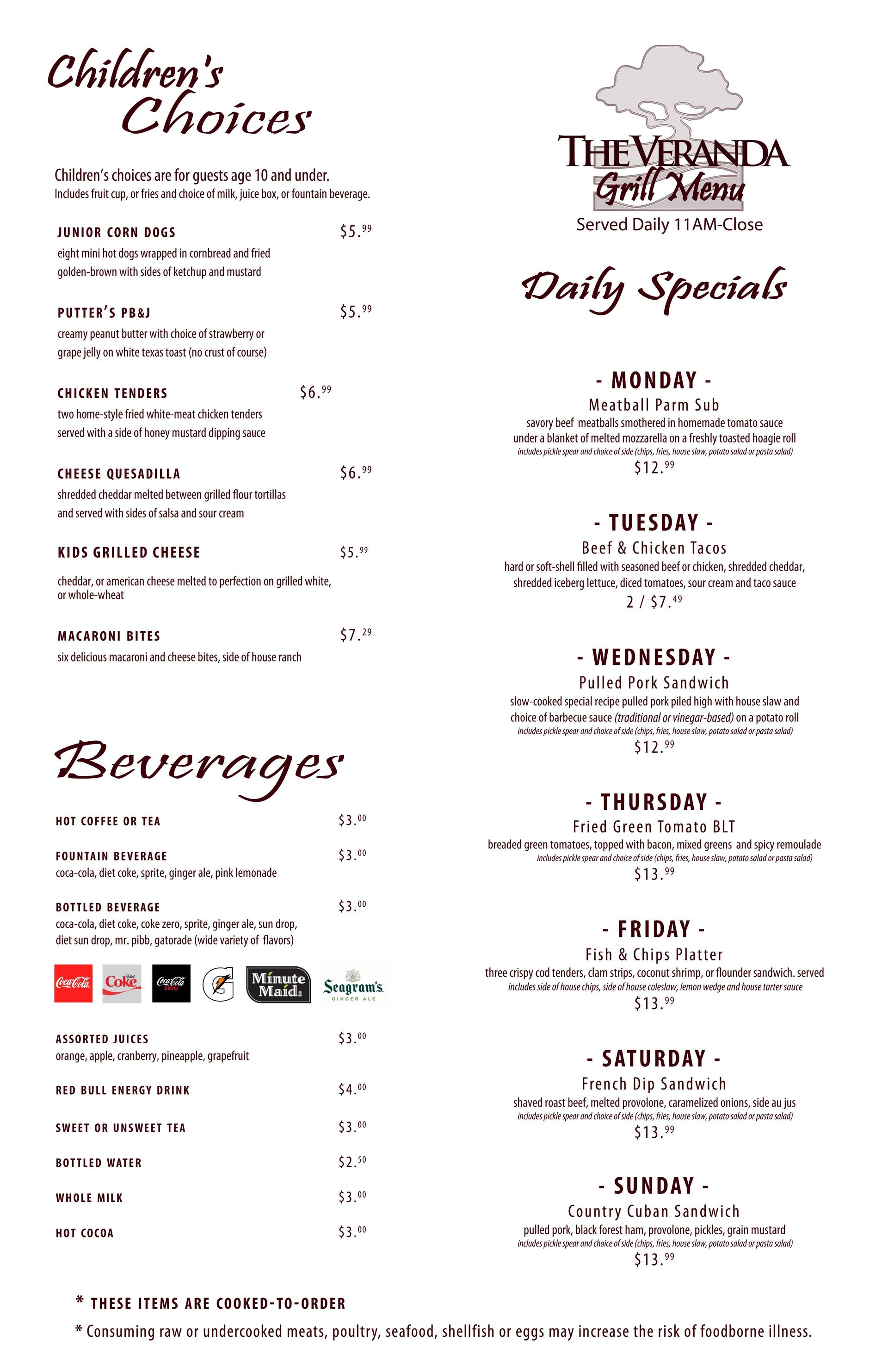 Beau Rivage - Dining | Veranda Bar & Grill | Menu