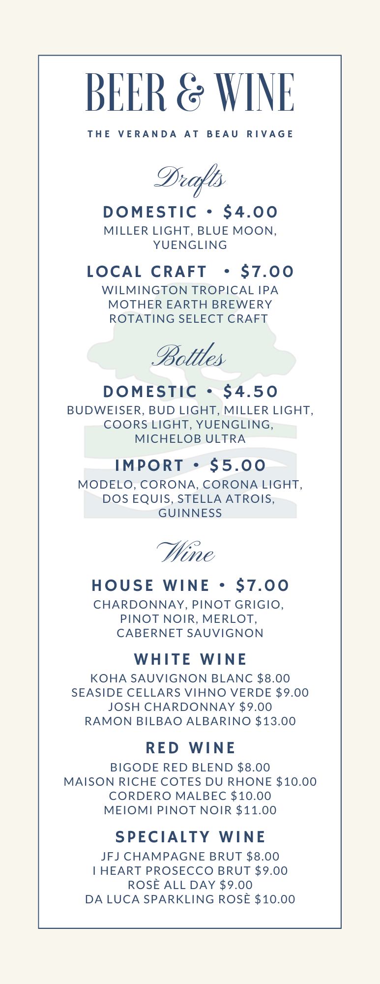 Beau Rivage - Dining | Veranda Bar & Grill | Menu