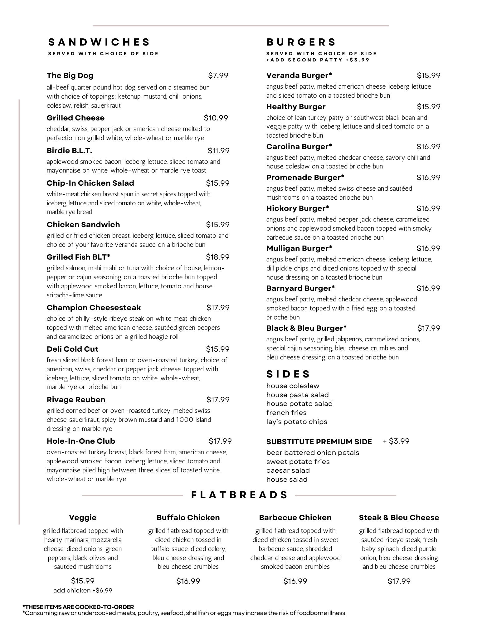 Beau Rivage - Dining | Veranda Bar & Grill | Menu