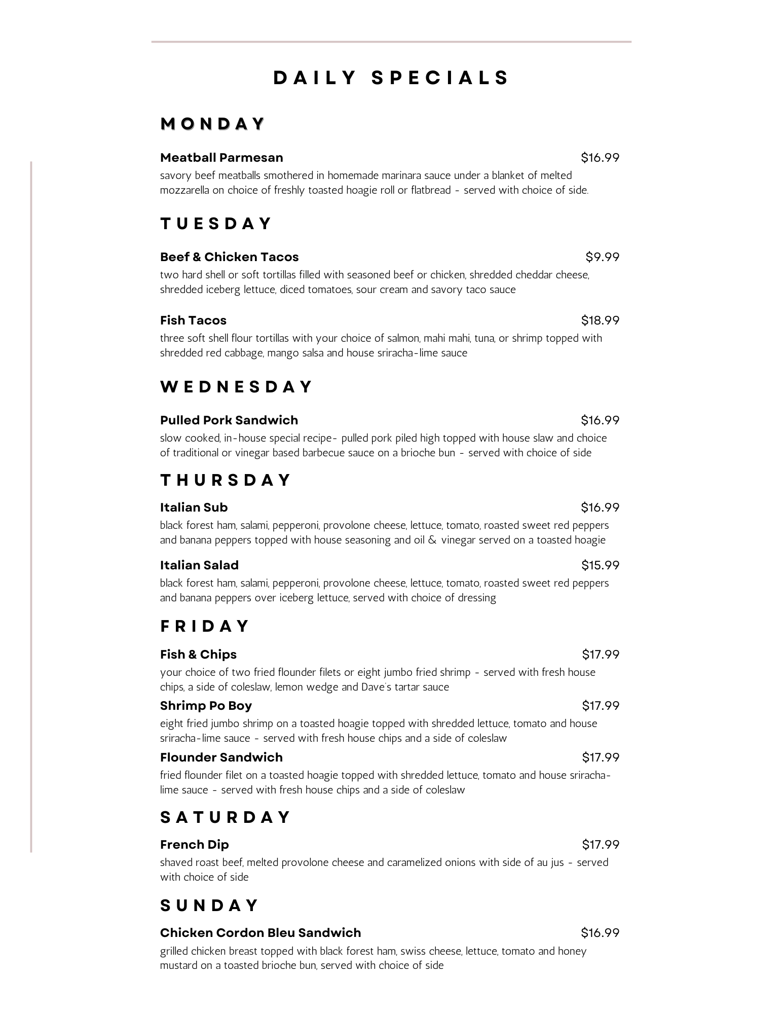 Beau Rivage - Dining | Veranda Bar & Grill | Menu