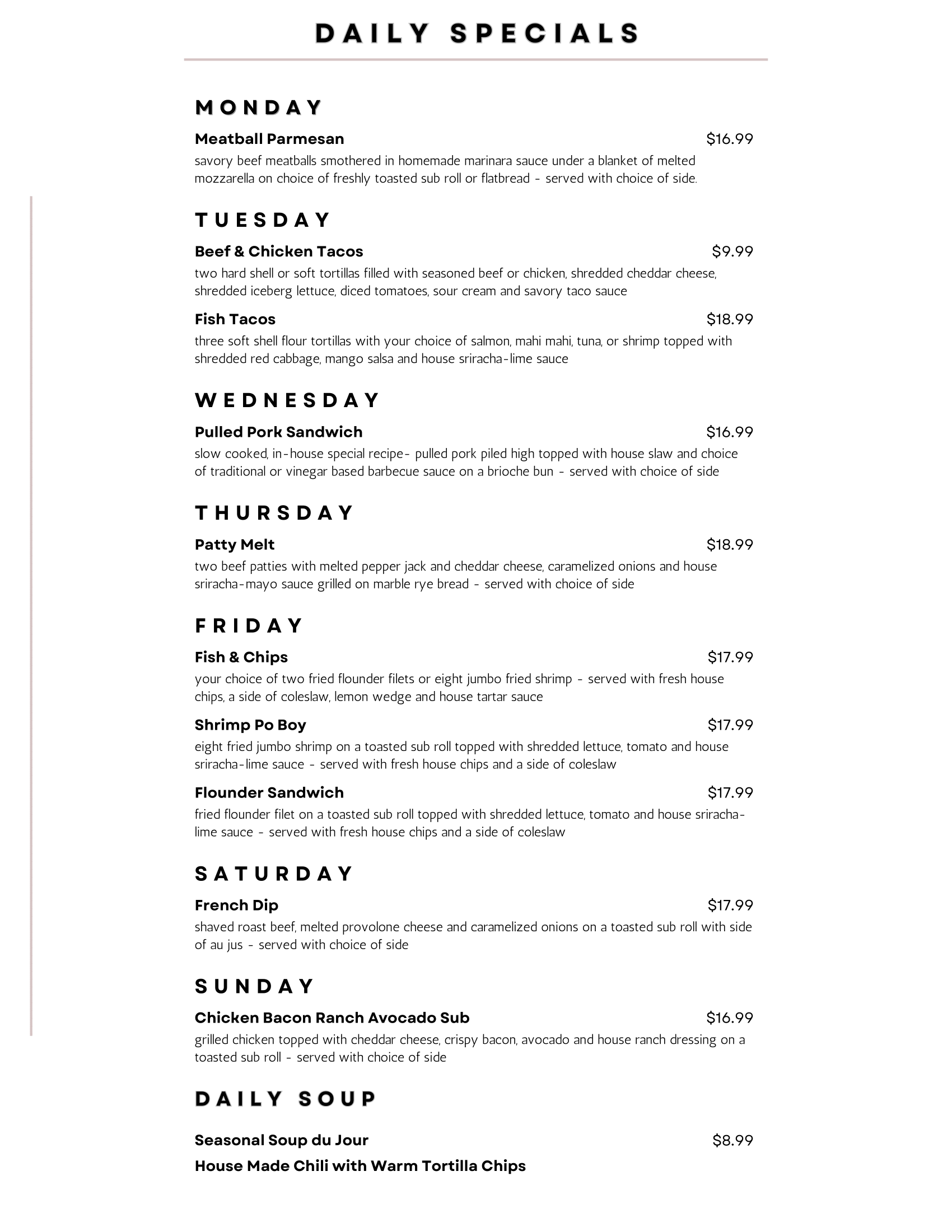 Beau Rivage - Dining | Veranda Bar & Grill | Menu