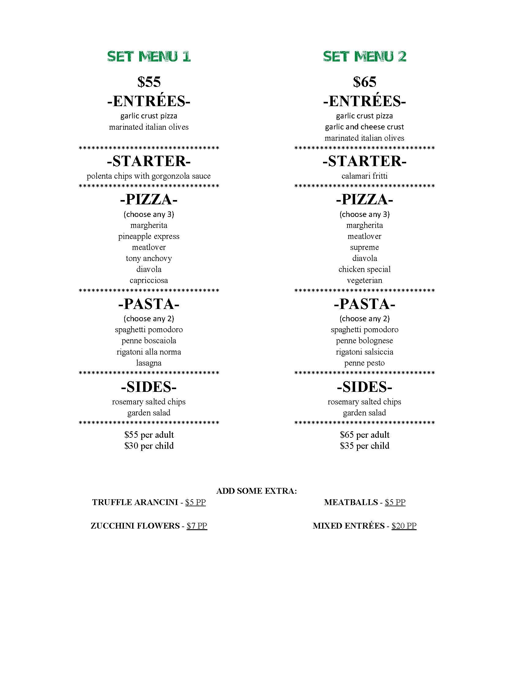 Set Menus - Italian Feasts