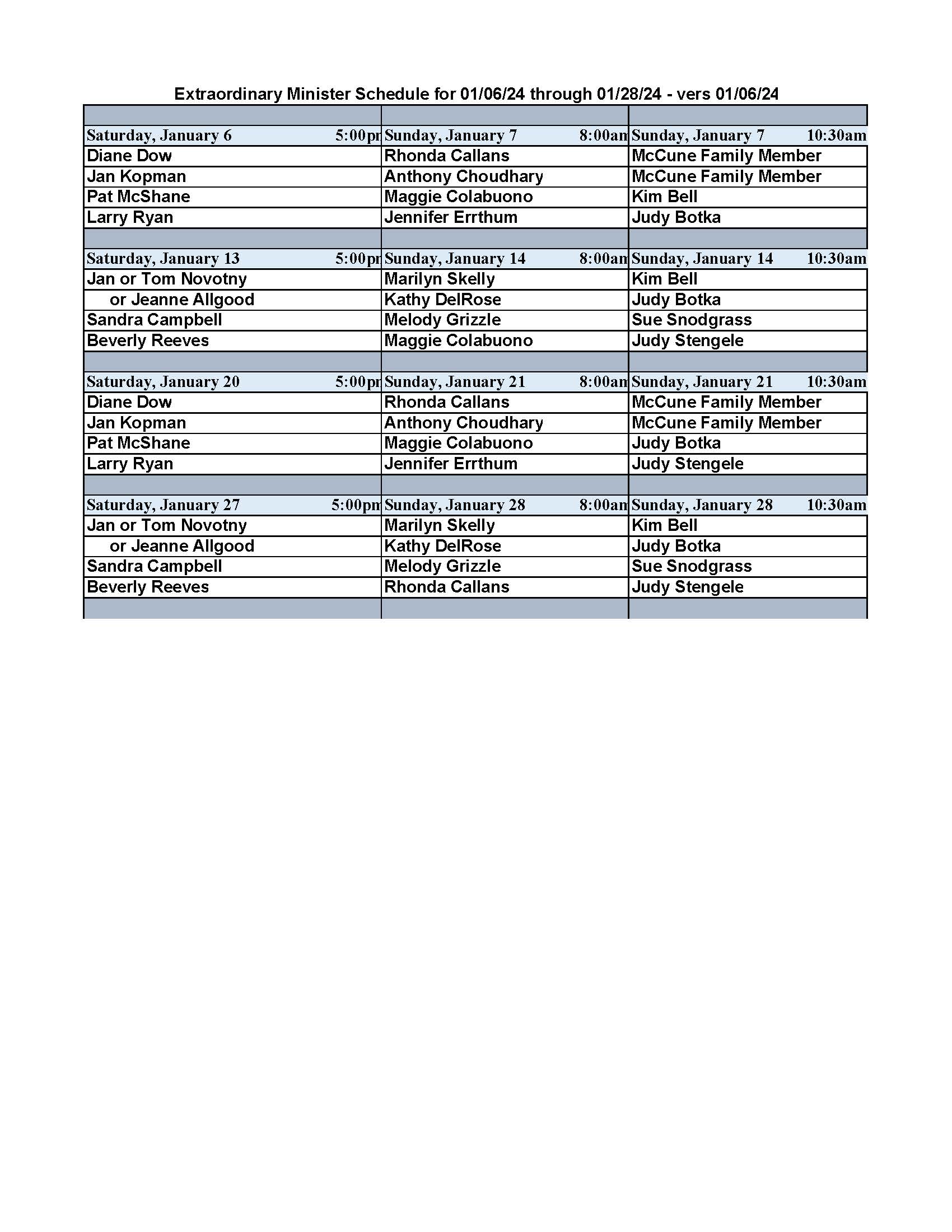 Liturgical Minister / Schedules