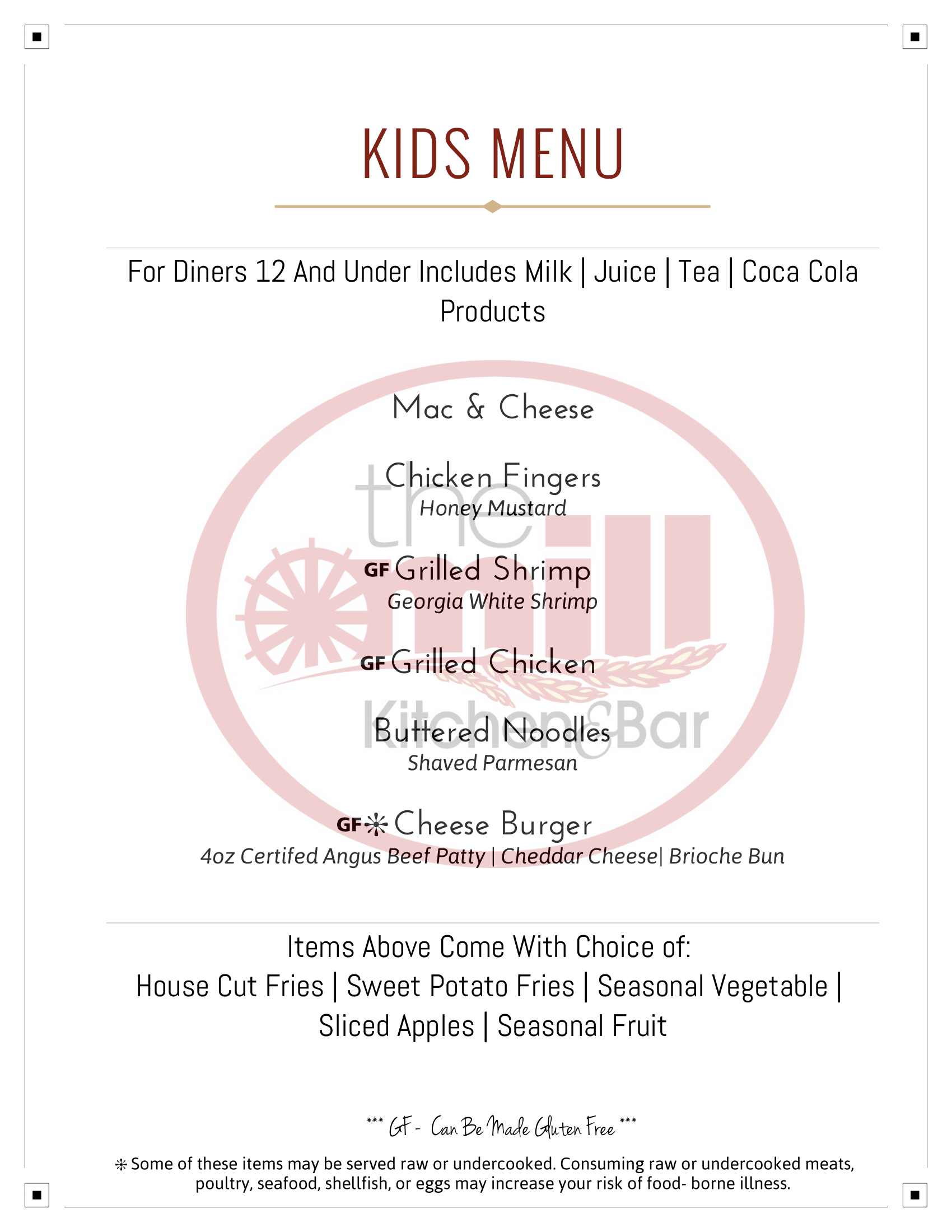 Kids's Menu | The Mill Kitchen and Bark