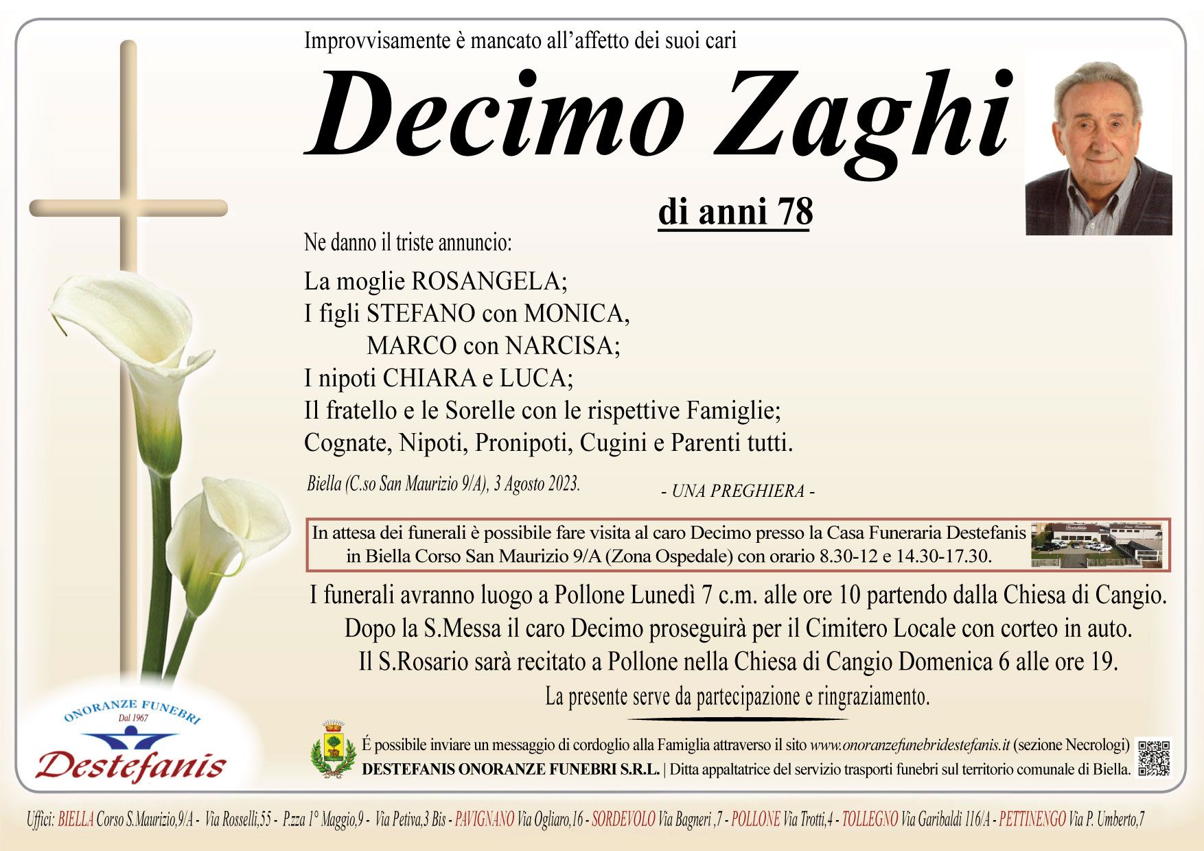 Elenco deceduti | Biella, BI | Impresa Funebre Destefanis