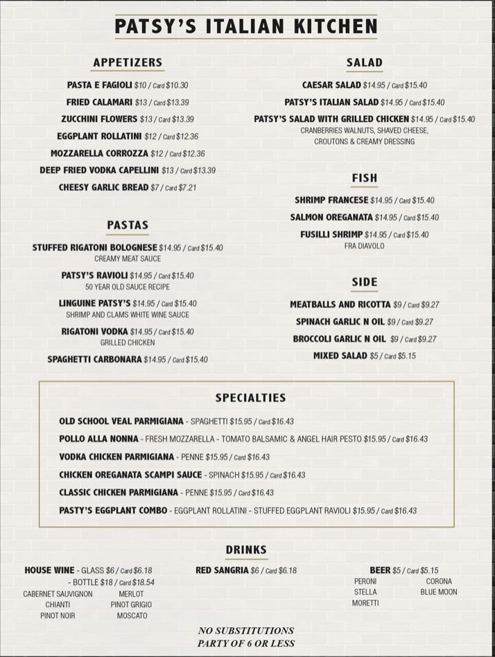 Patsy's Special Night Menu Available Tuesday and Sunday