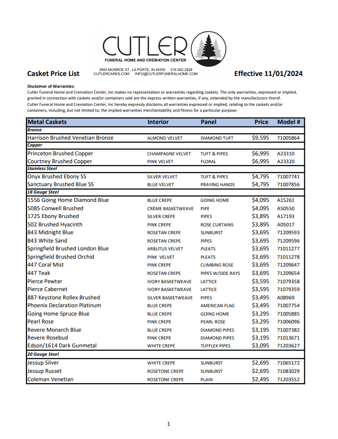 General Price List | Cutler Funeral Home and Cremation Center