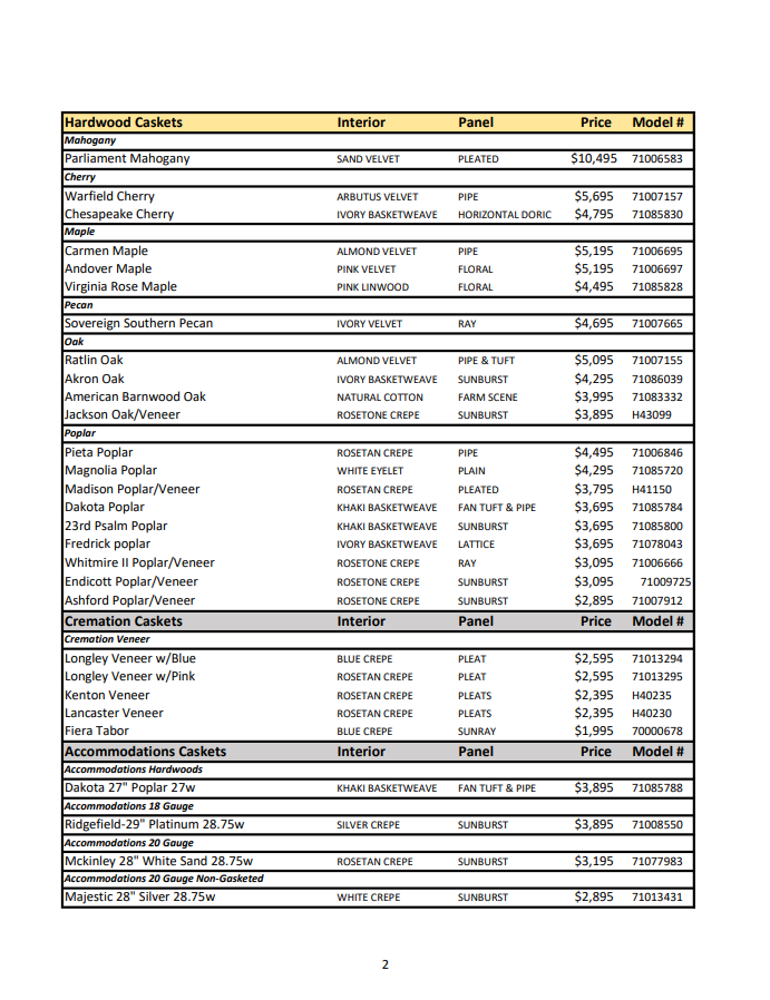 General Price List | Cutler Funeral Home and Cremation Center
