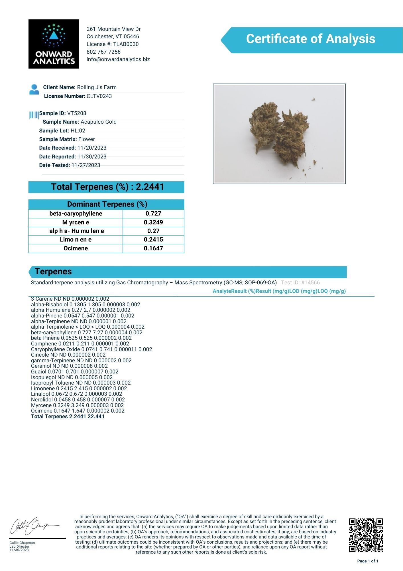 Test Results - Rolling J's Acapulco Gold-Peach Pit Blend