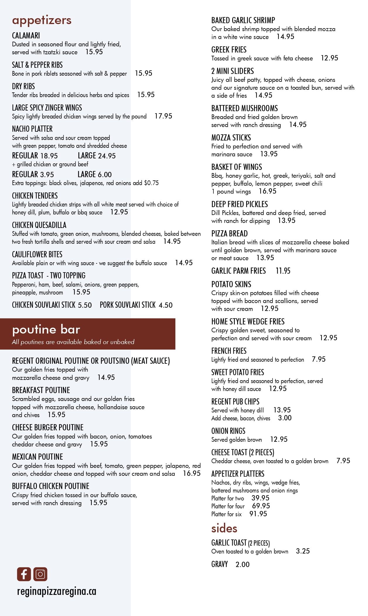 Regent Menu. Dine in, Take out, and delivery