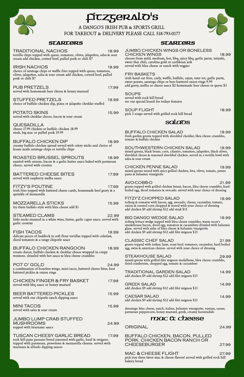 Menu | Fitzgeralds Irish Sports Bar | South Glens Falls NY