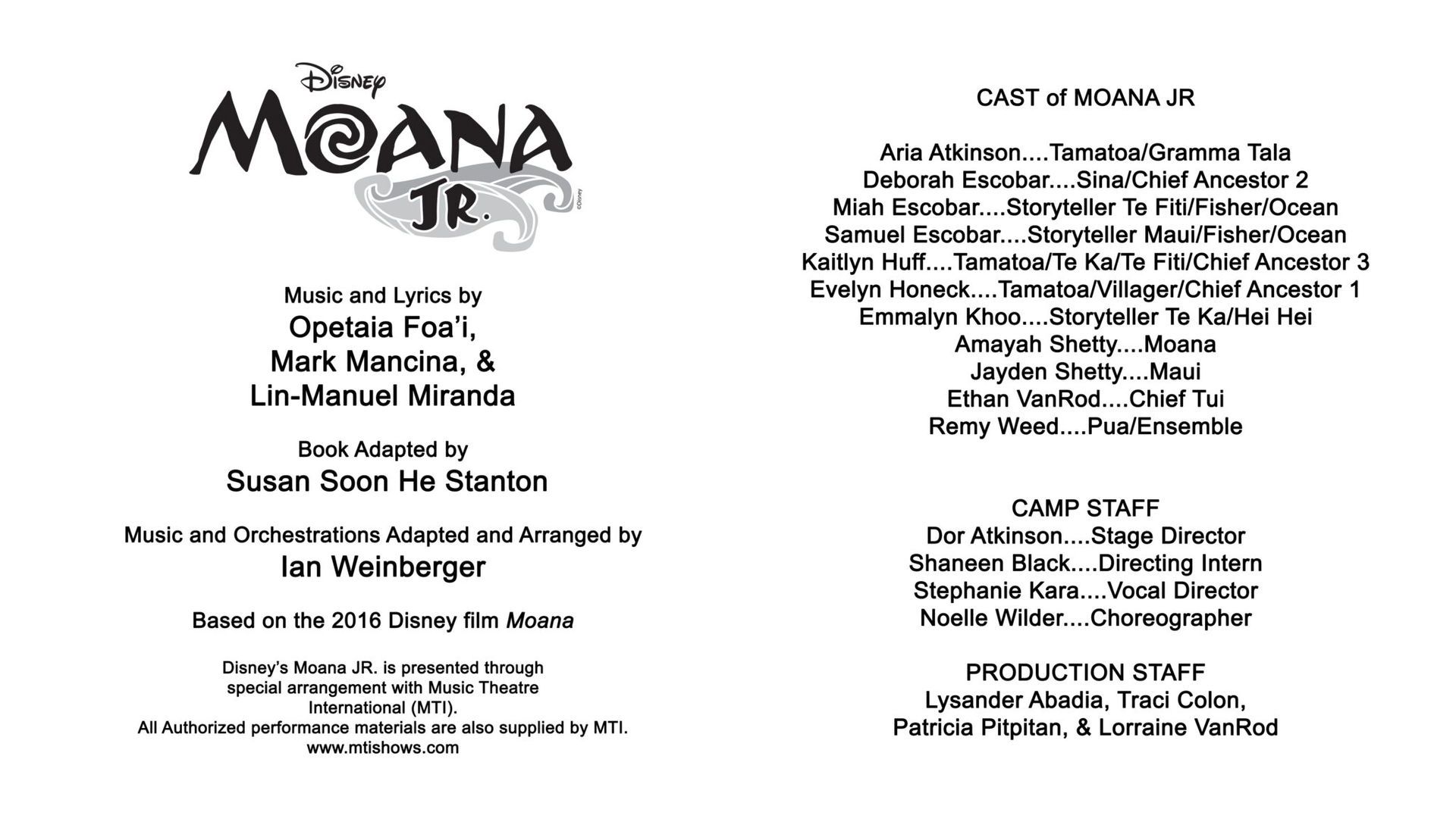 Moana, Jr Archive | One Stage Theatre | Tri-City & Greater San ...