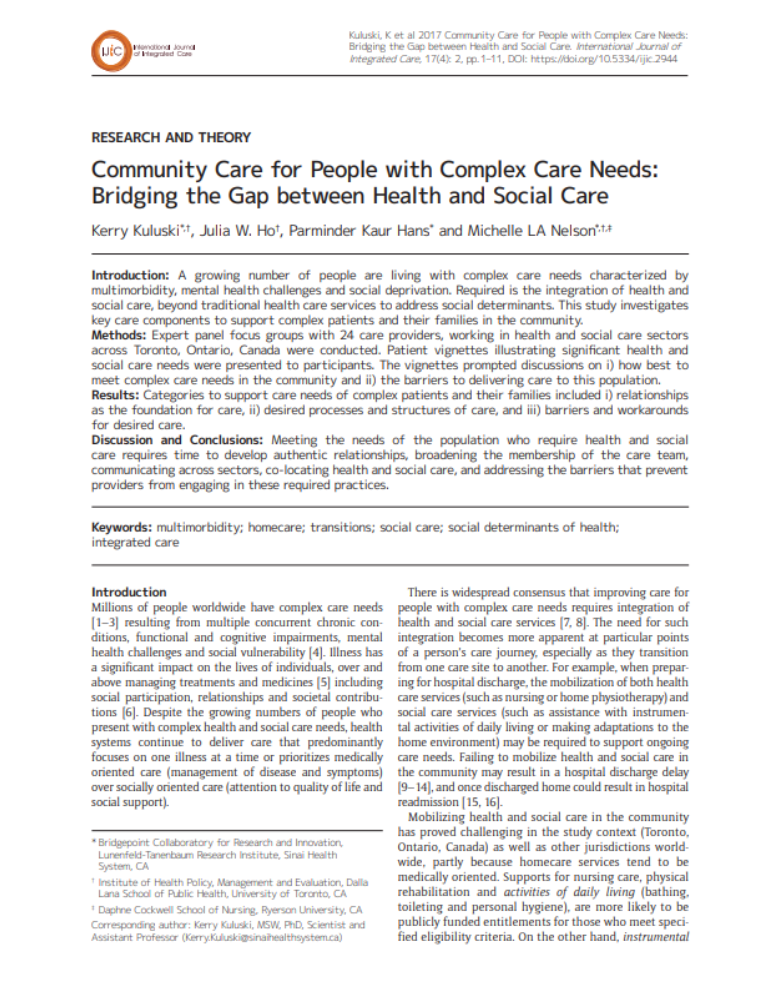 Community Care for People with Complex Care Needs: Bridging the Gap ...