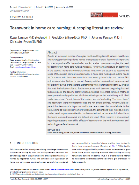 Teamwork in home care nursing: A scoping literature review