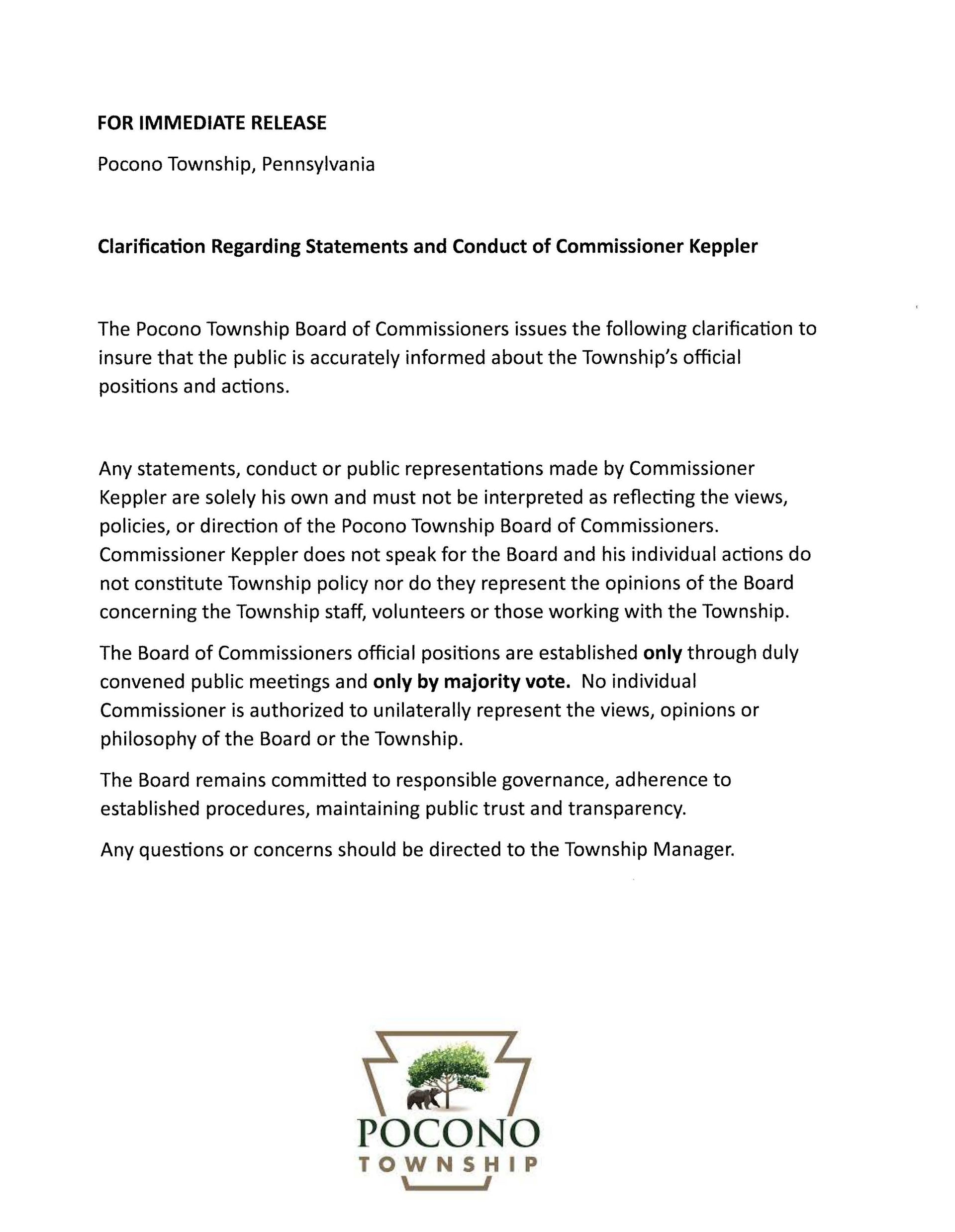 Clarification Regarding Statements and Conduct of Commissioner Keppler