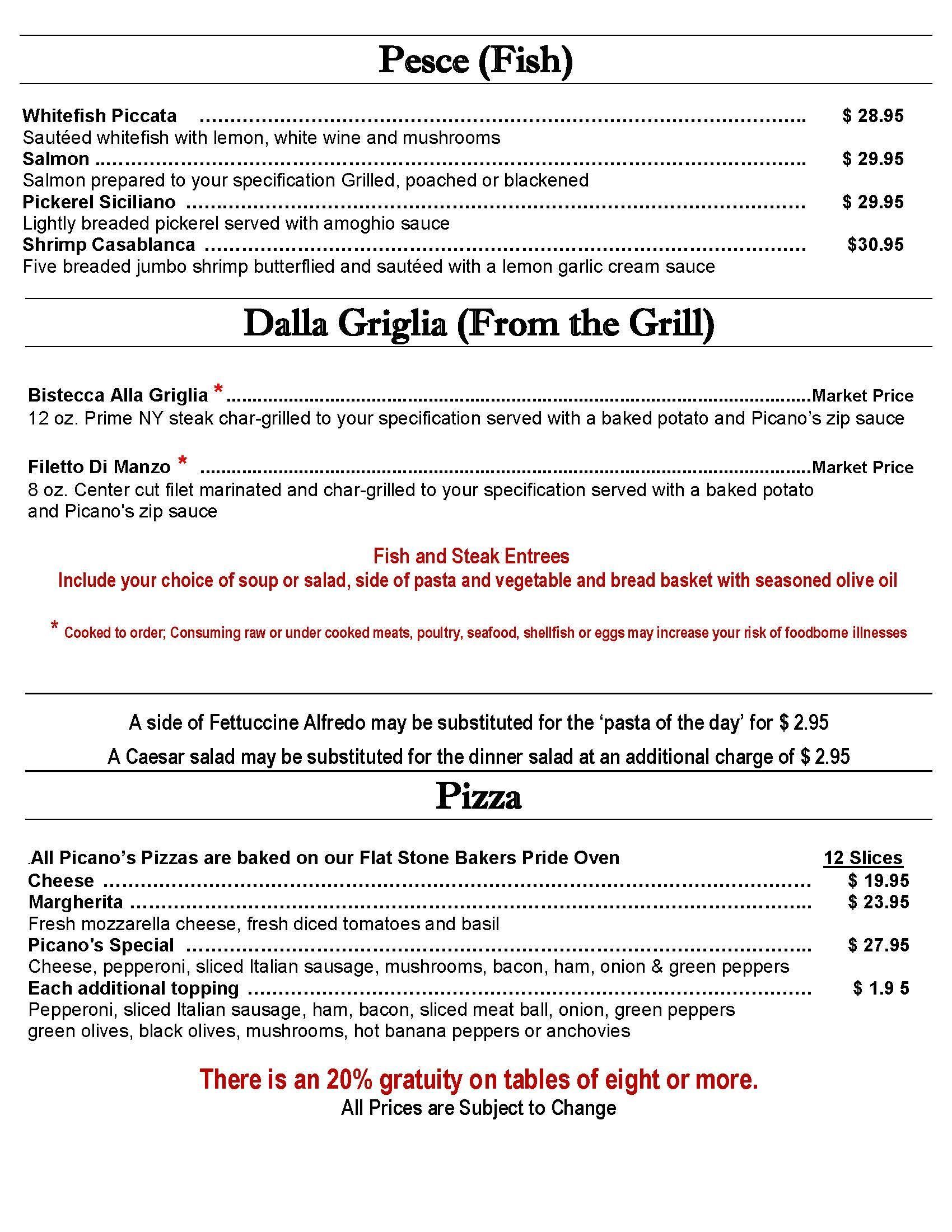 Picano’s Menu | Picano's Italian Grille