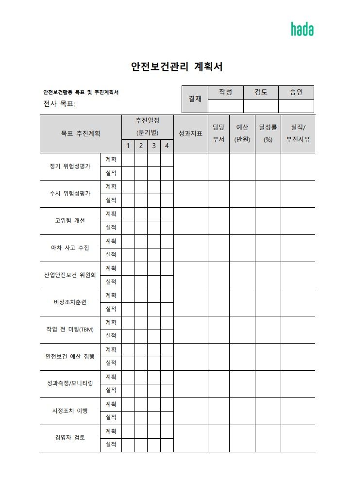 안전보건관리 계획서 양식 다운로드