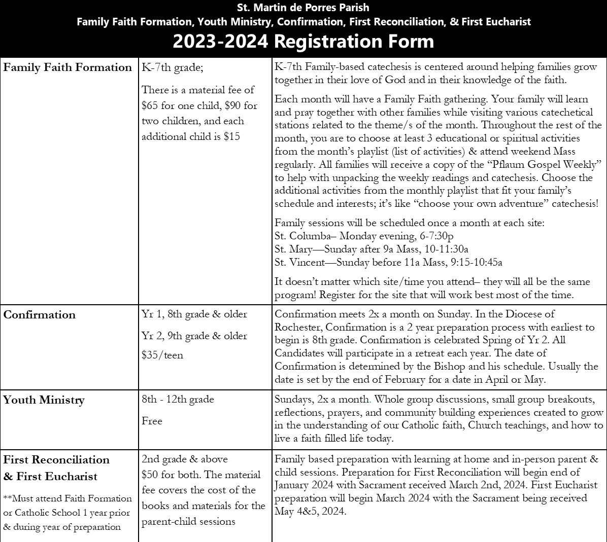 St. Martin de Porres Parish: Faith Formation Registration 2023-2024