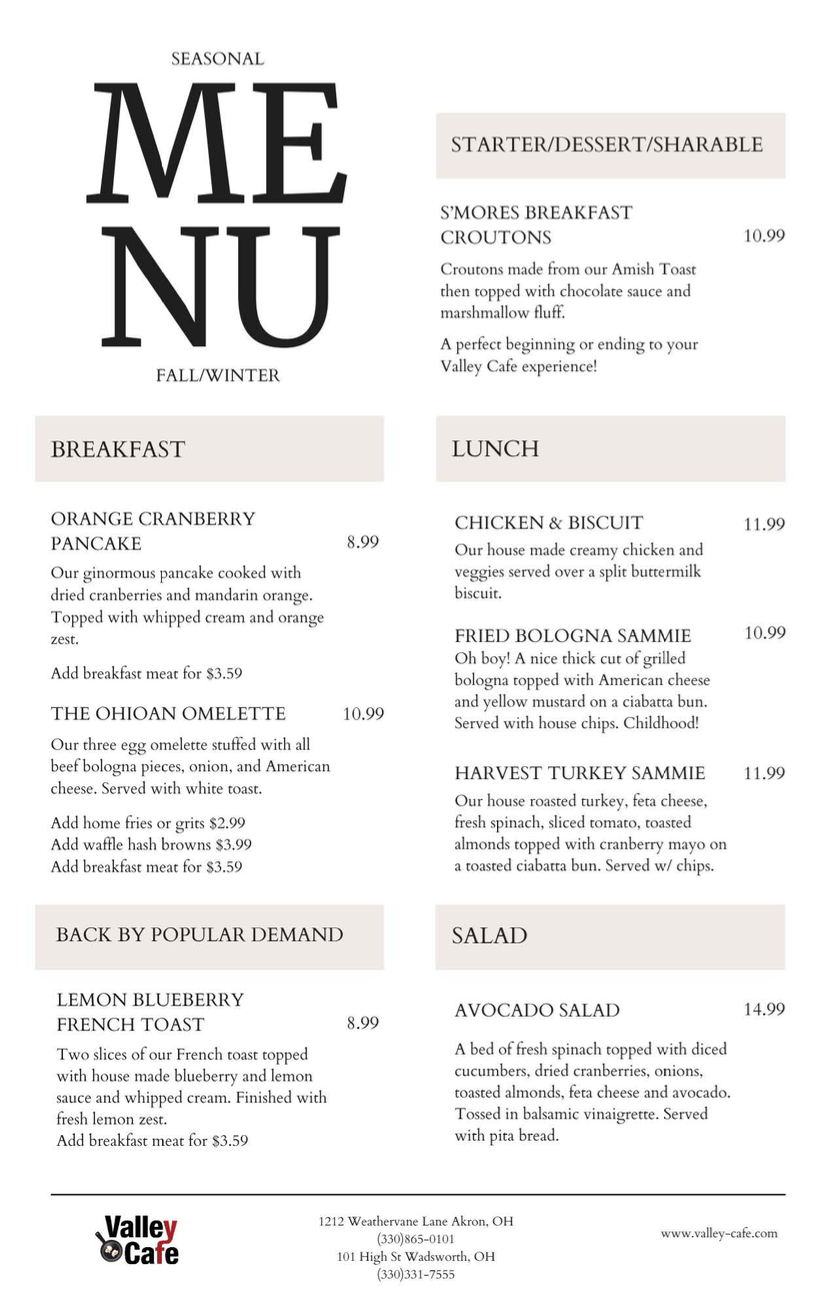 Breakfast & Lunch Seasonal Menu | Valley Cafe