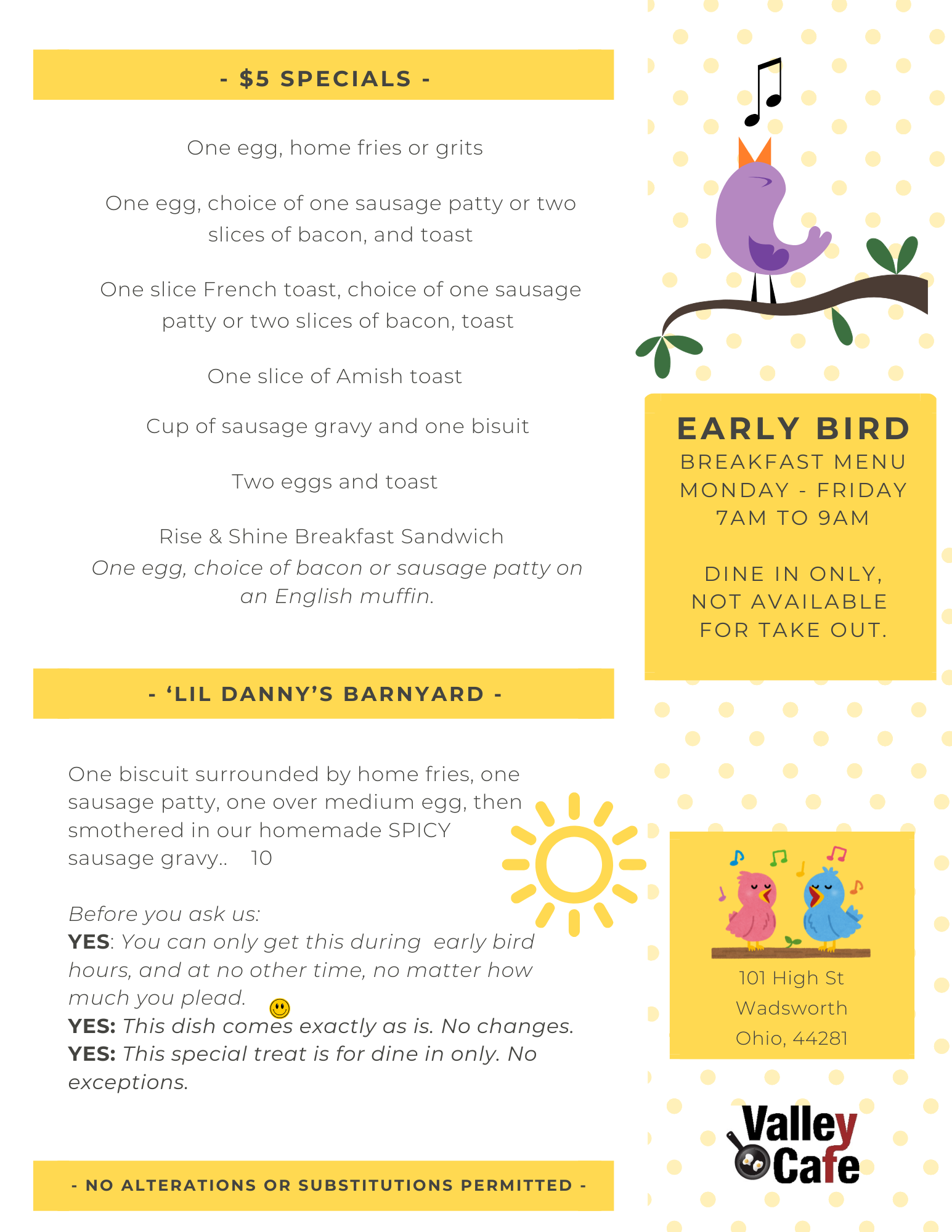 Early Bird Breakfast Specials Menu | Valley Cafe