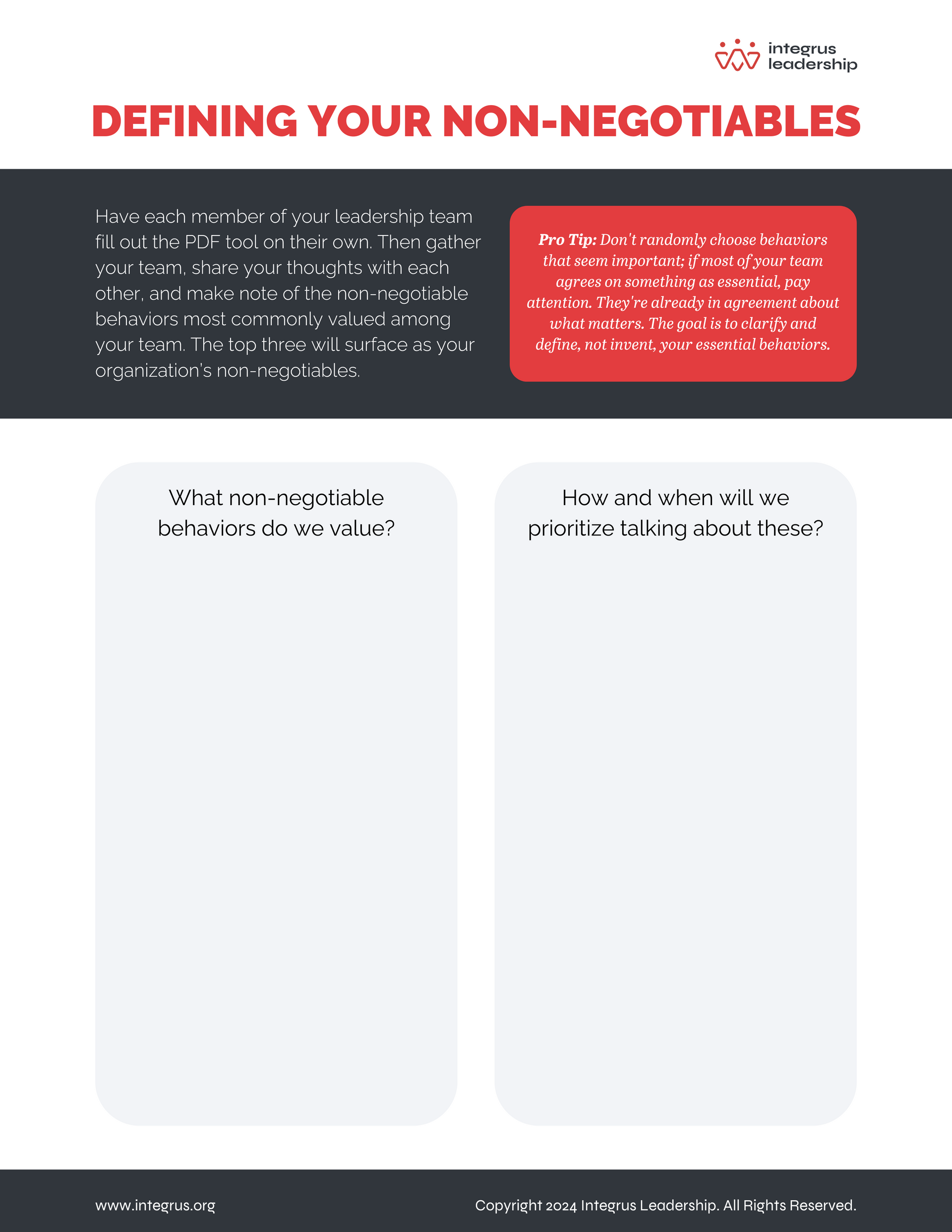 Free leadership tool to define your non-negotiables.