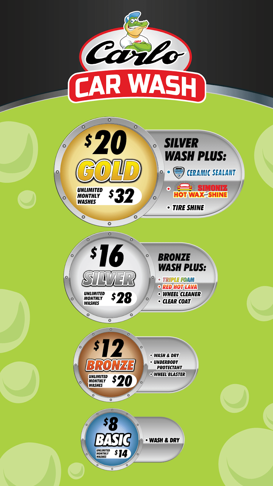 Wash Menu - Carlo Carwash Colorado Springs CO