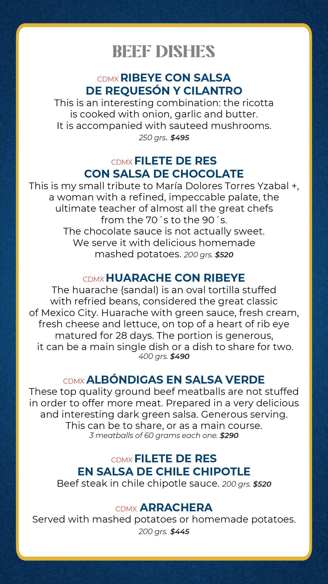 Menu in English