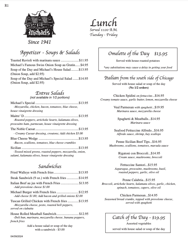 Menus - Michael's Restaurant - Highland, IL