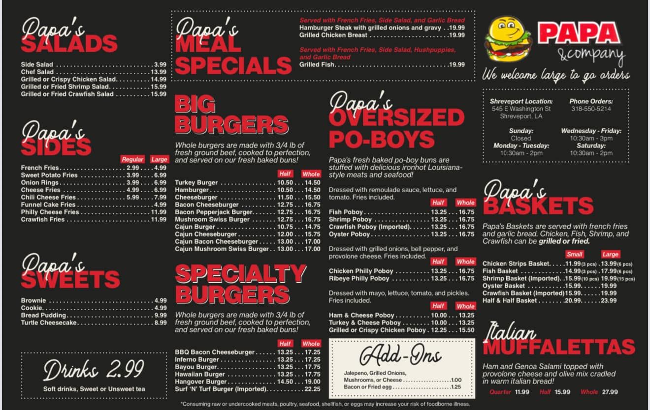 Shreveport Menu | Papa and Company | Shreveport, LA