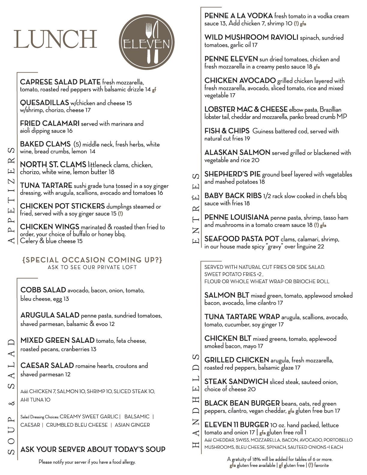 Eleven 11 Bar & Restaurant - Village of Fishkill, New York - Lunch Menu