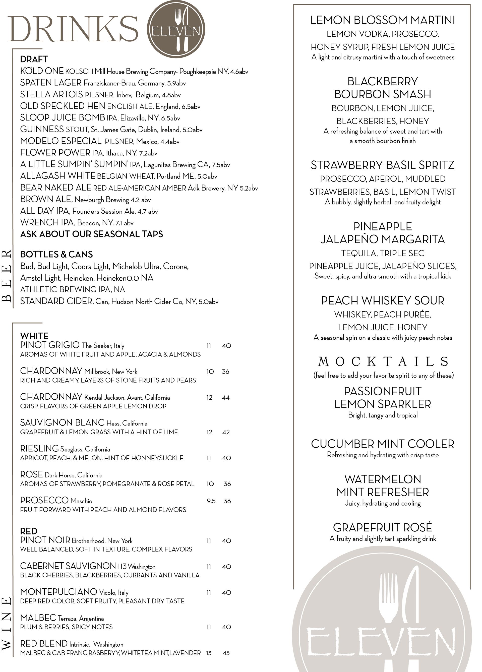 Eleven 11 Bar & Restaurant - Village of Fishkill, New York - Cocktail Menu
