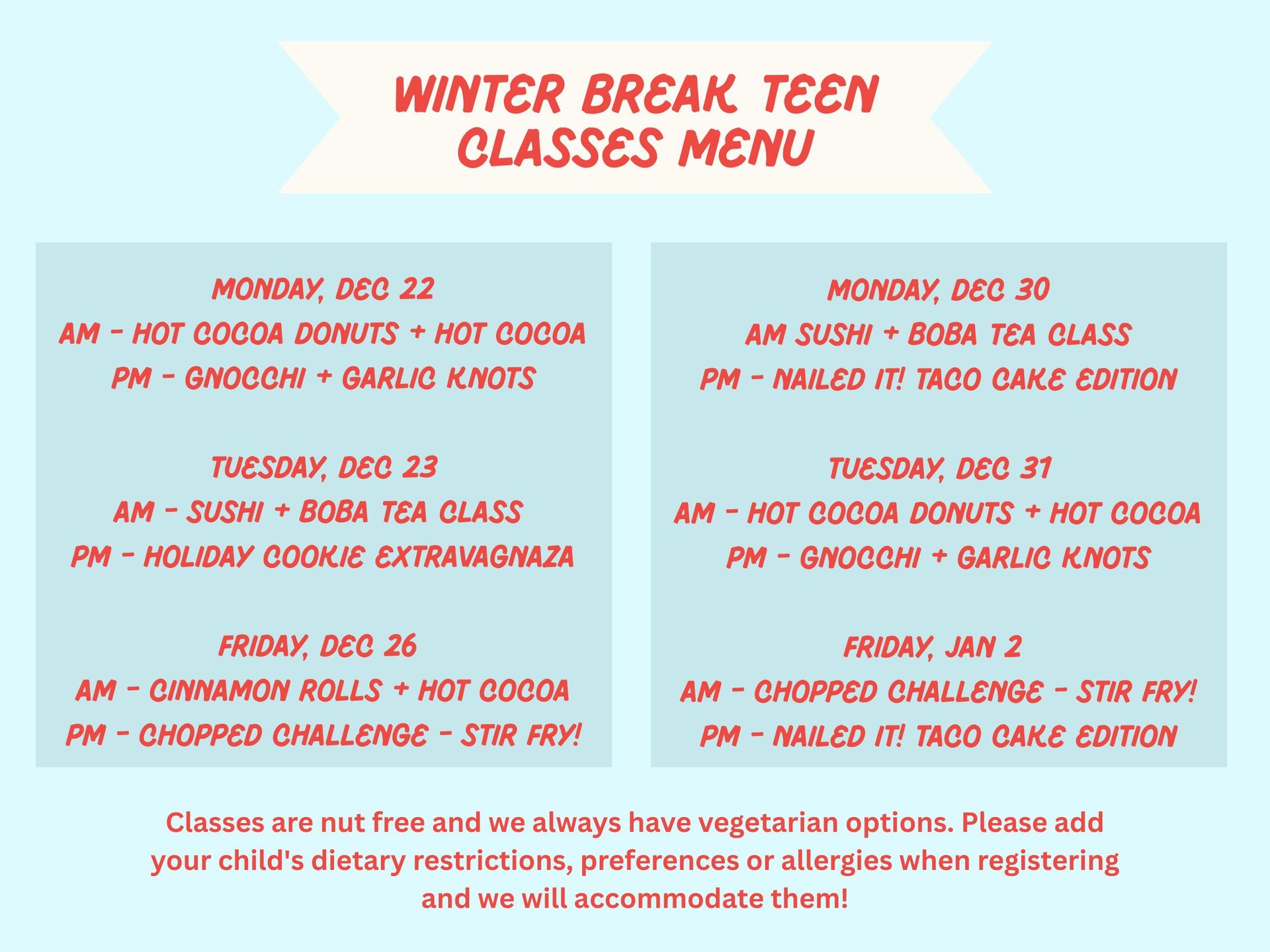 Teen Winter Break Cooking Camp Wicker Park