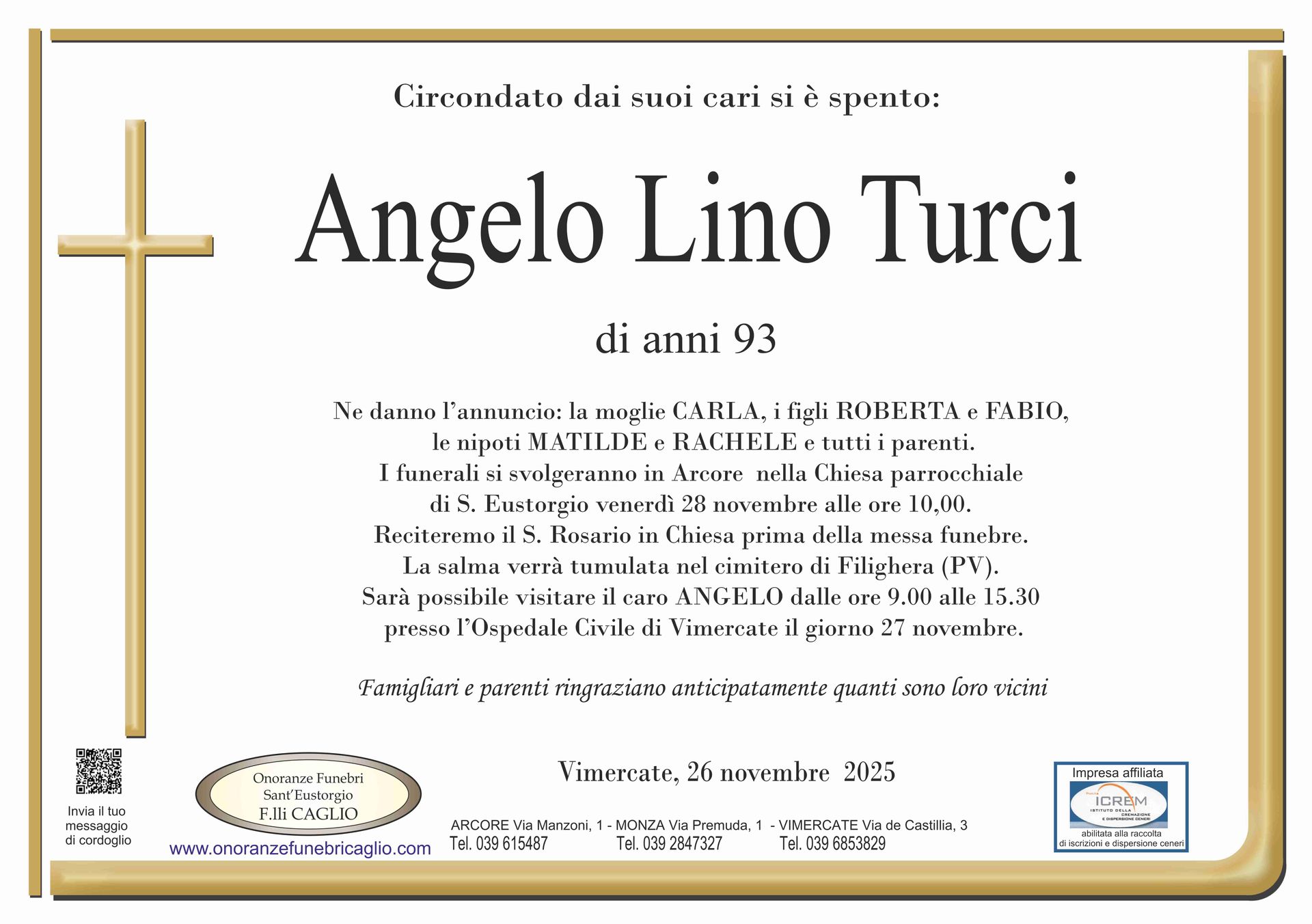 Necrologi | Onoranze Funebri F.lli Caglio Sant'Eustorgio | Arcore (MB)