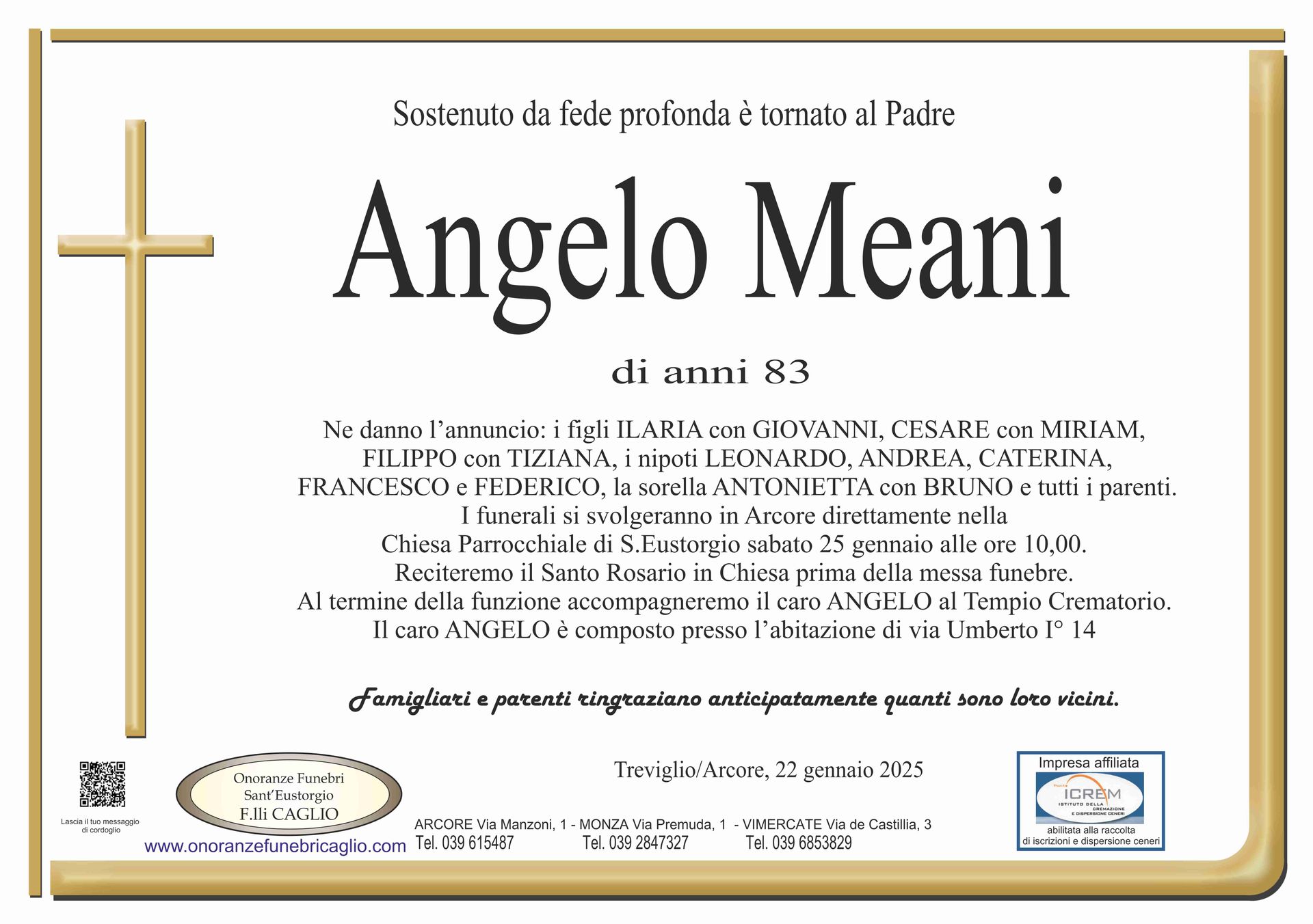 Necrologi | Onoranze Funebri F.lli Caglio Sant'Eustorgio | Arcore (MB)