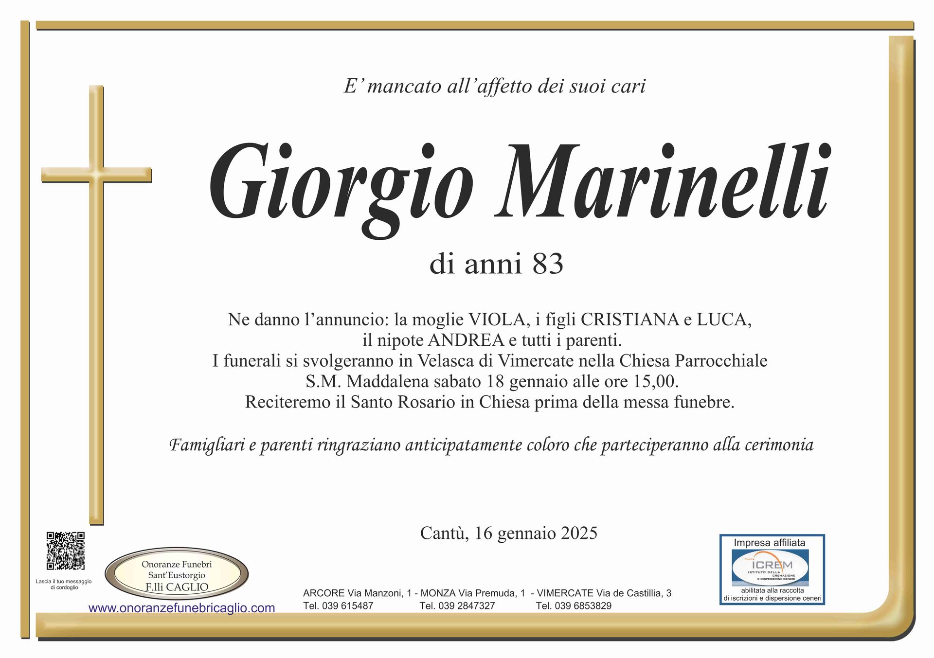 Necrologi | Onoranze Funebri F.lli Caglio Sant'Eustorgio | Arcore (MB)