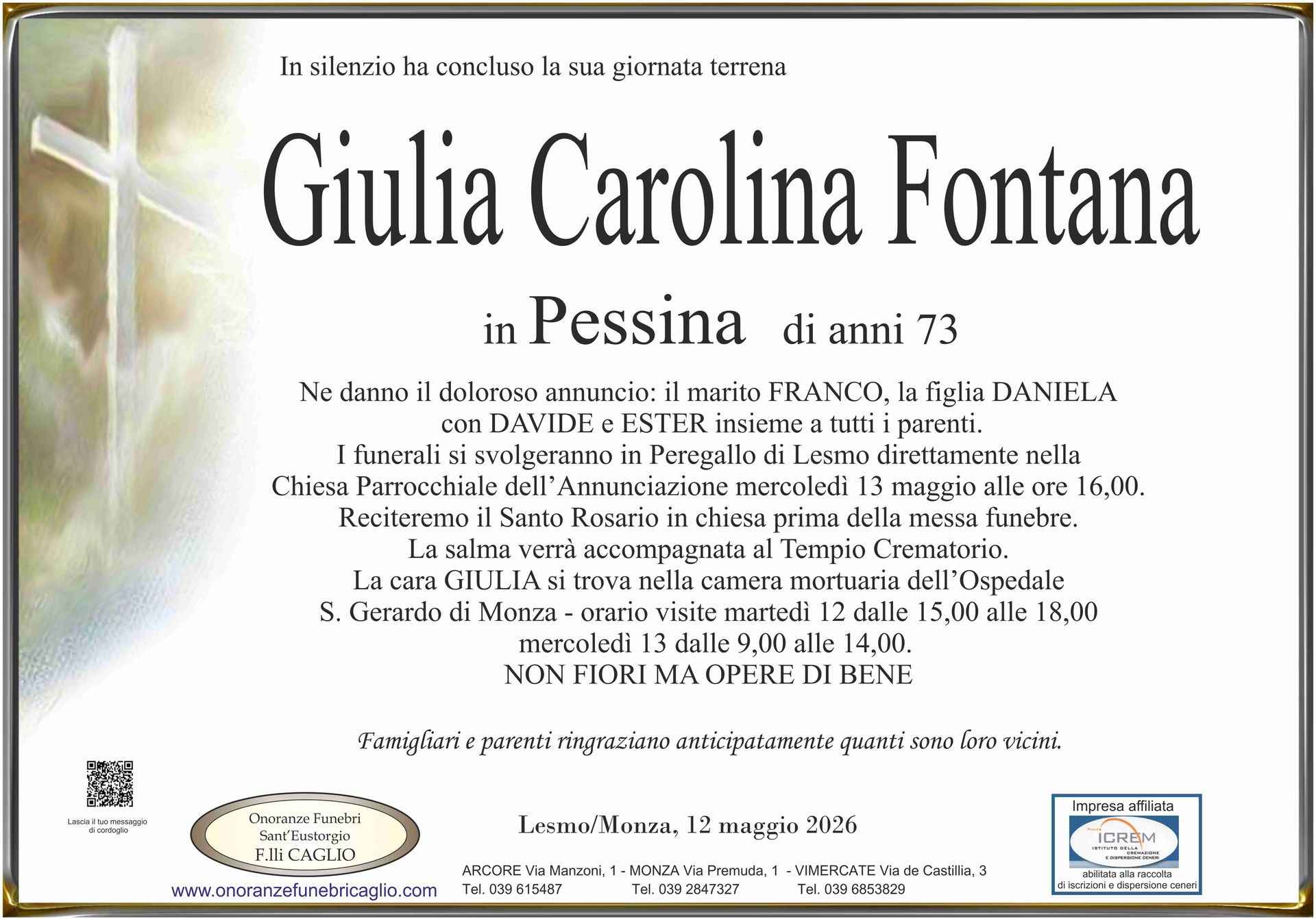 Necrologi | Onoranze Funebri F.lli Caglio Sant'Eustorgio | Arcore (MB)