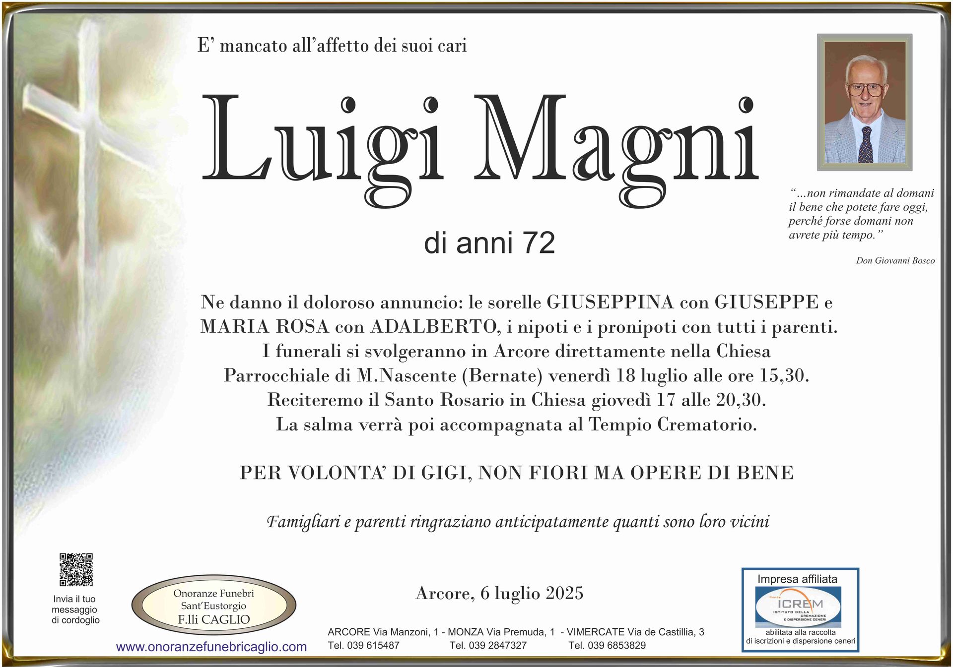 Necrologi | Onoranze Funebri F.lli Caglio Sant'Eustorgio | Arcore (MB)