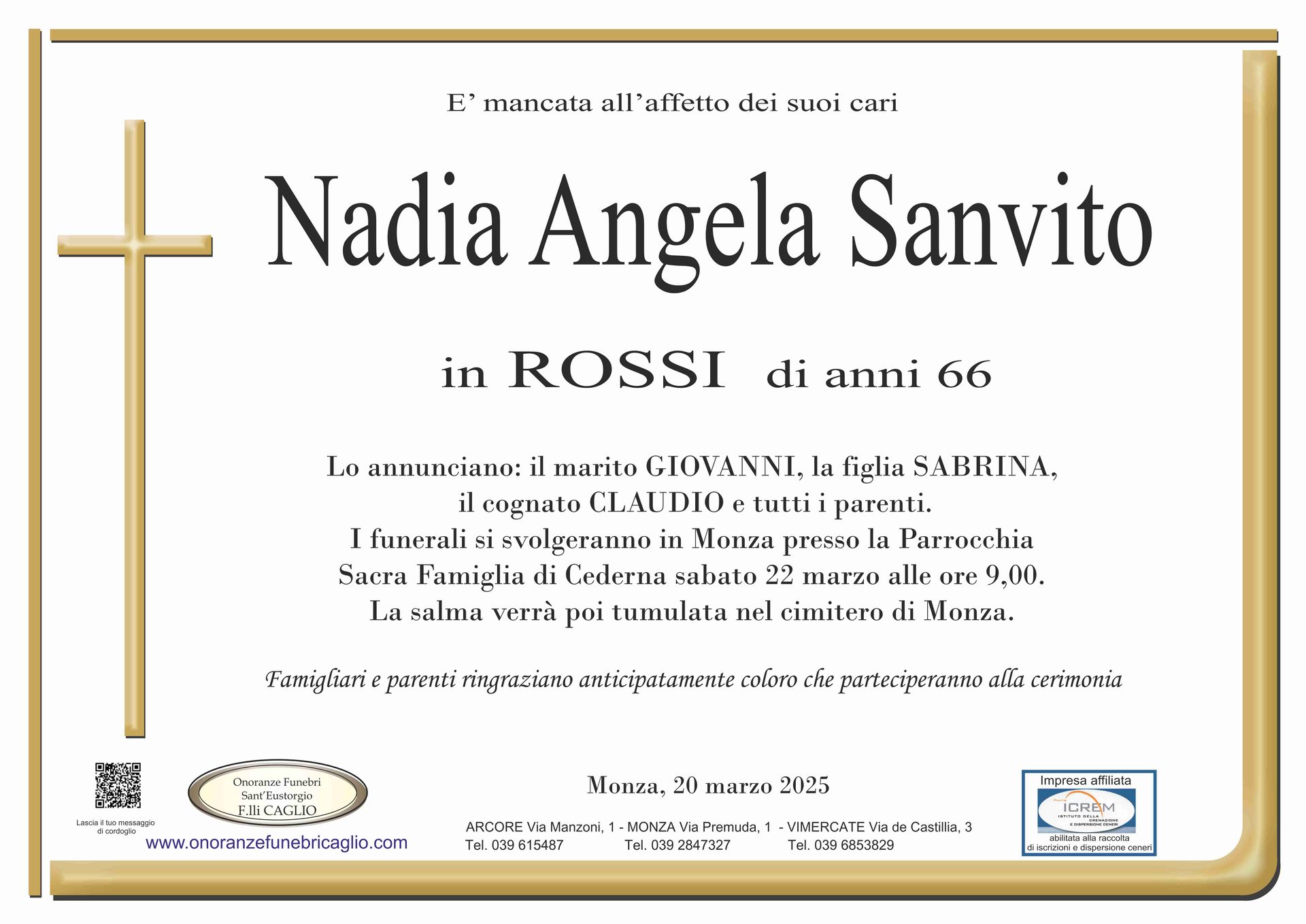 Necrologi | Onoranze Funebri F.lli Caglio Sant'Eustorgio | Arcore (MB)