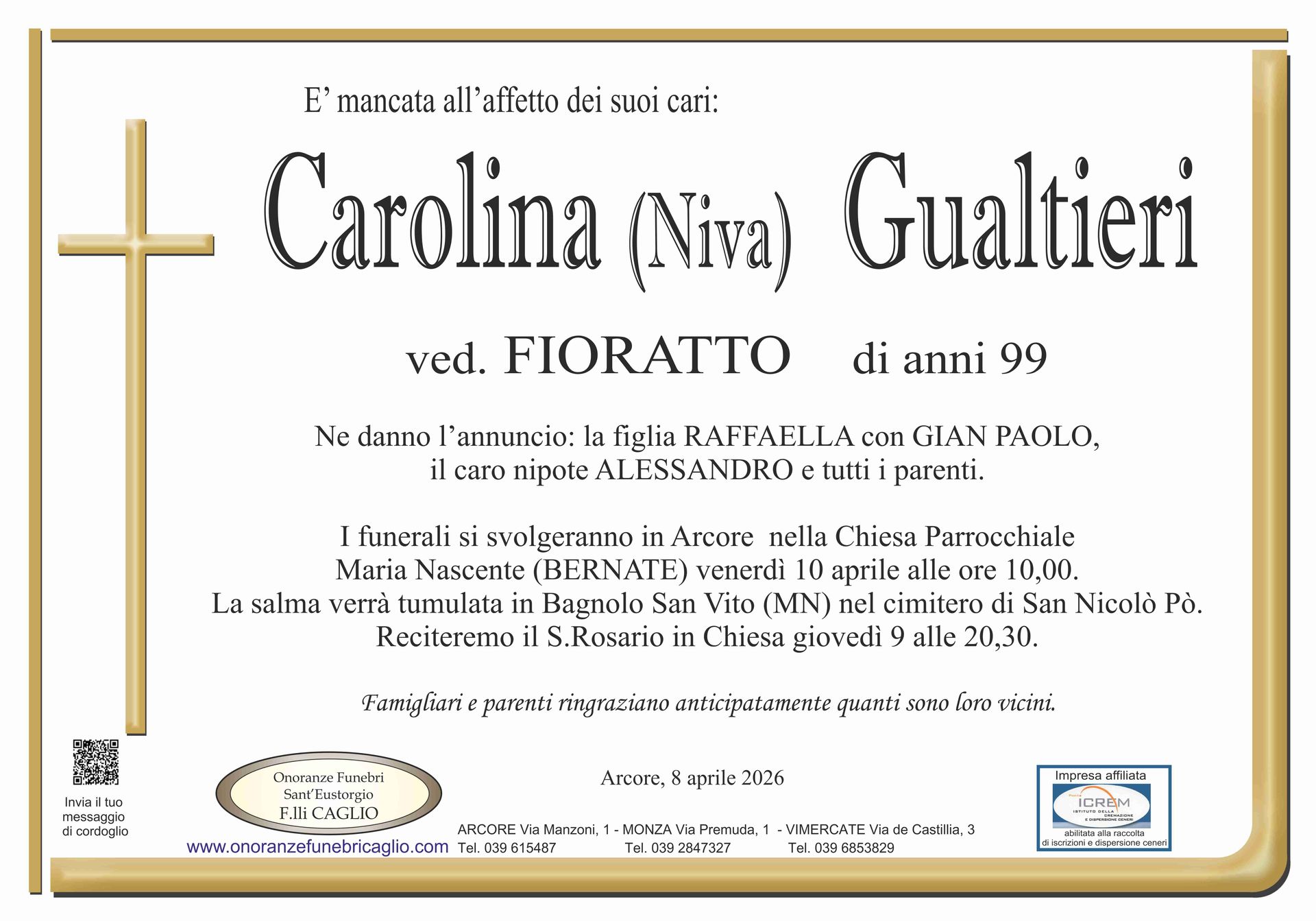 Necrologi | Onoranze Funebri F.lli Caglio Sant'Eustorgio | Arcore (MB)