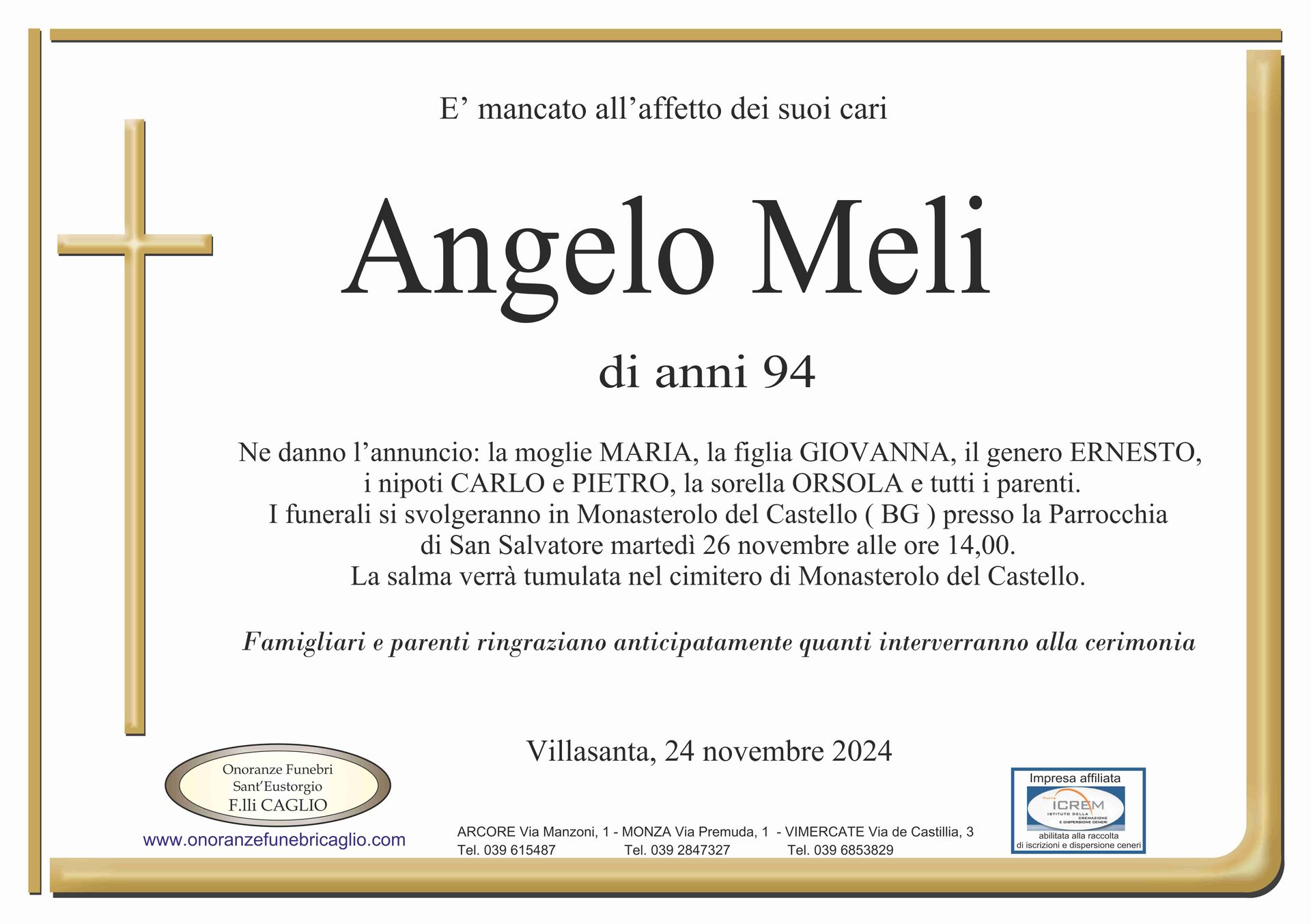 Necrologi | Onoranze Funebri F.lli Caglio Sant'Eustorgio | Arcore (MB)