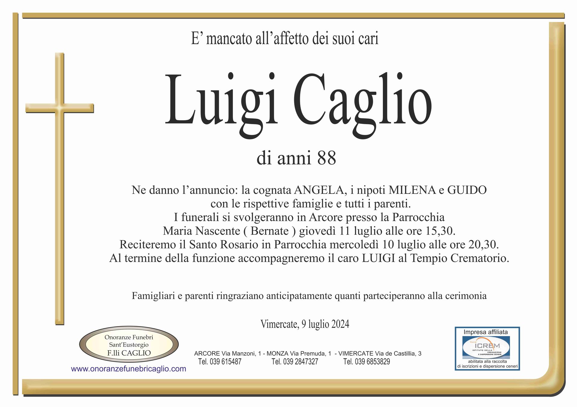 Necrologi | Onoranze Funebri F.lli Caglio Sant'Eustorgio | Arcore (MB)