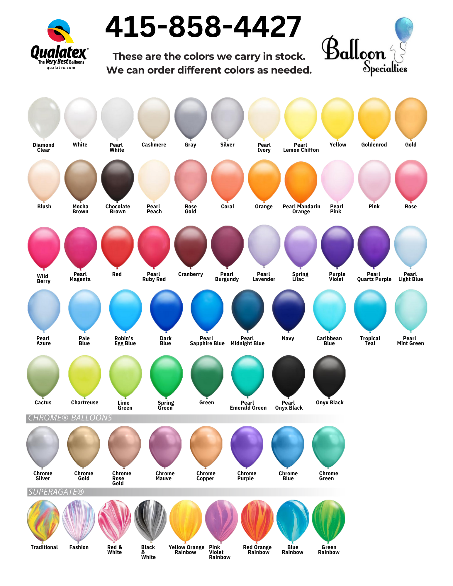 Color Chart | Balloon Specialties | Santa Rosa, CA