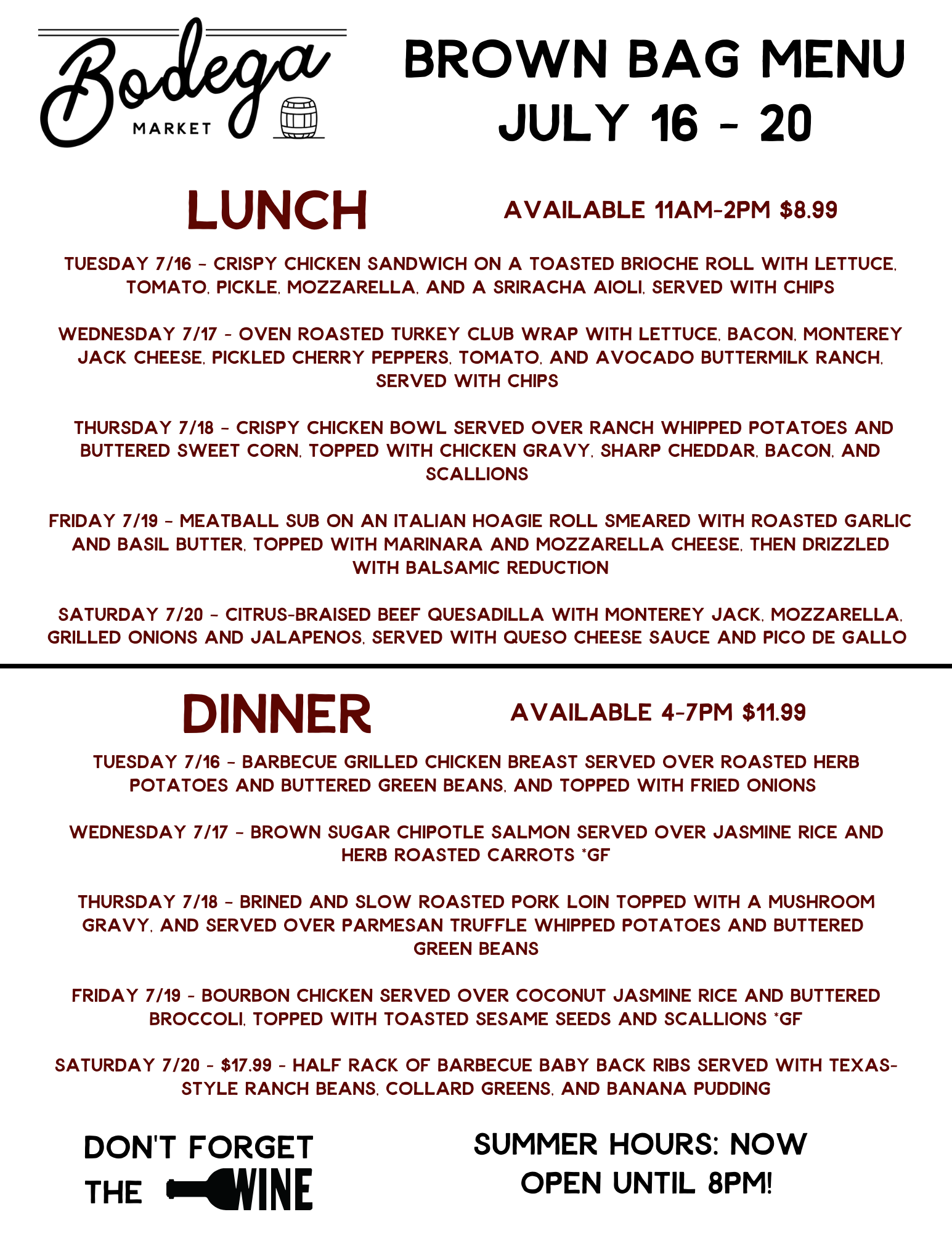 BROWN BAG MENU