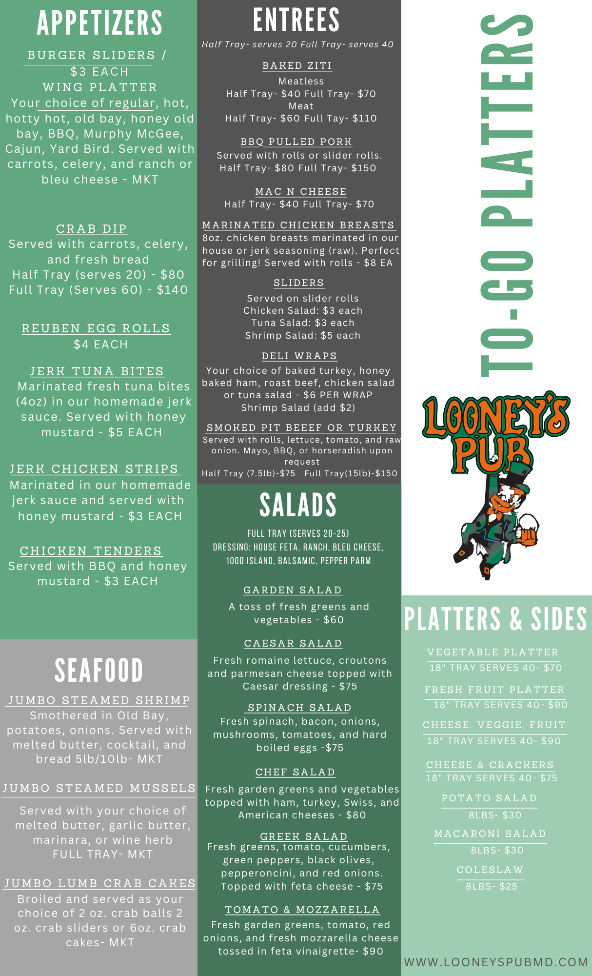 Delicious To Go Platters | Looney's Pub | Baltimore, MD